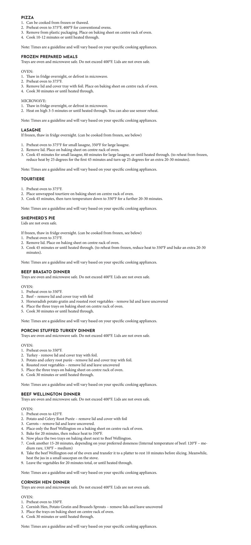 Reheating Instructions